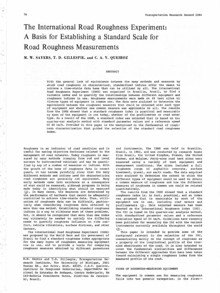 The International Road Roughness Experiment: A Basis For Establishing A ...