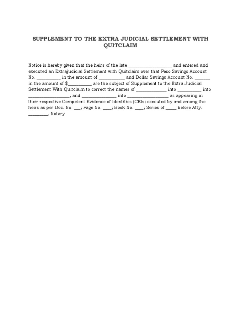 Supplement To The Extra Judicial Settlement With Quitclaim