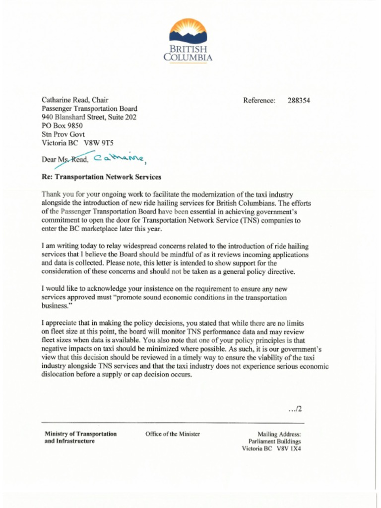 Letter From Minister of Transportation and Infrastructure