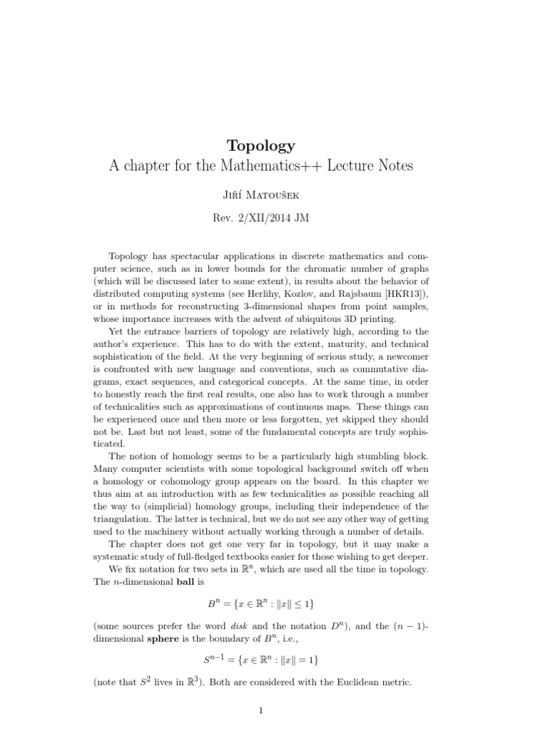 Topology A Chapter For The Mathematics++ Lecture Notes: Ji R I Matou ...