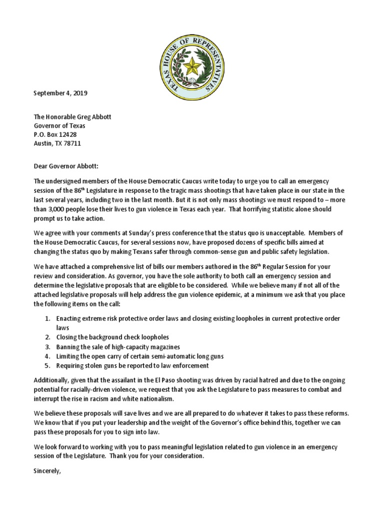 House Democratic Caucus Letter To Governor Abbott 9.4.19 | PDF ...