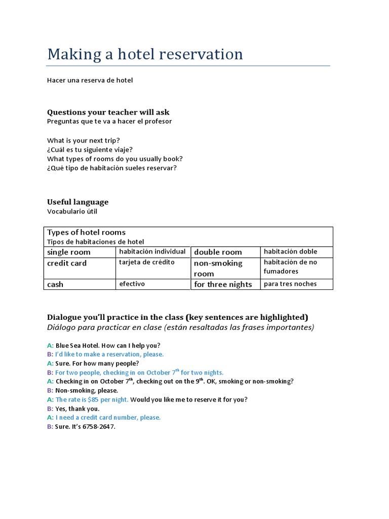 Making A Hotel Reservation: Questions Your Teacher Will Ask | PDF ...