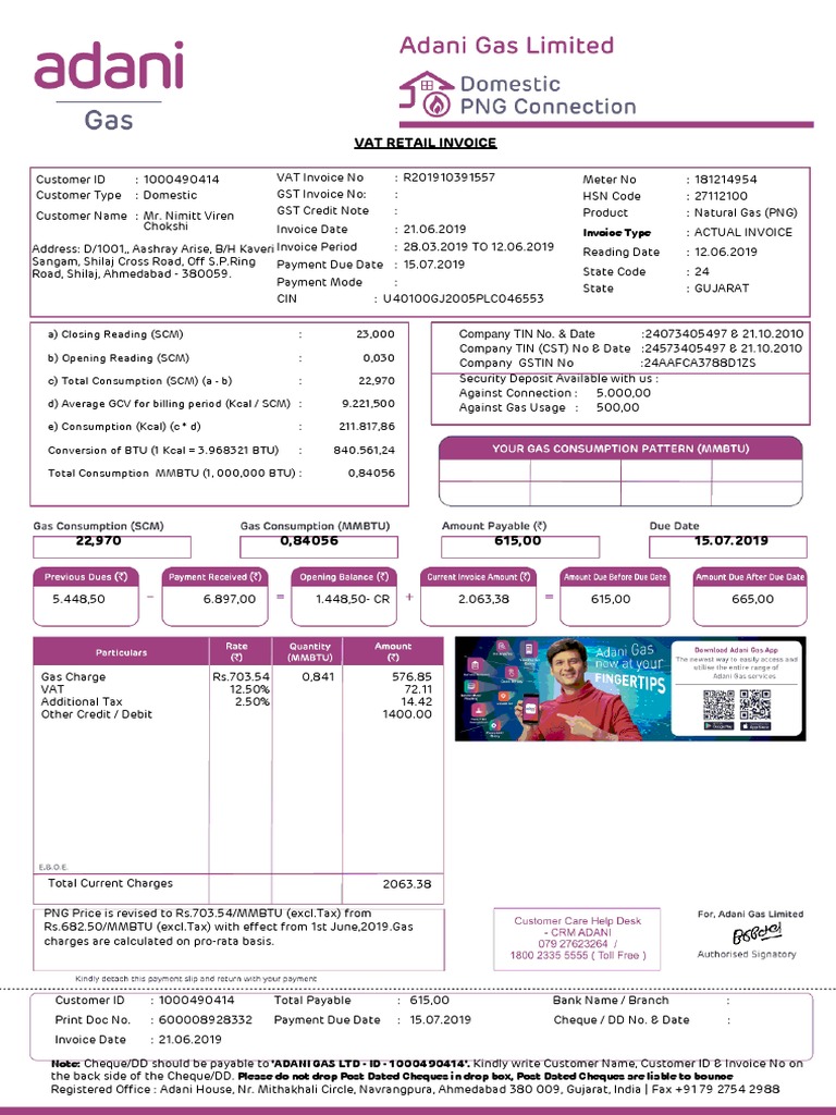 Adani Gas Bill May June 19 | PDF | Invoice | Cheque