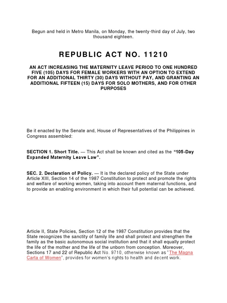 Ra 11210 Expanded Maternity Leave | PDF | Parental Leave | Childbirth