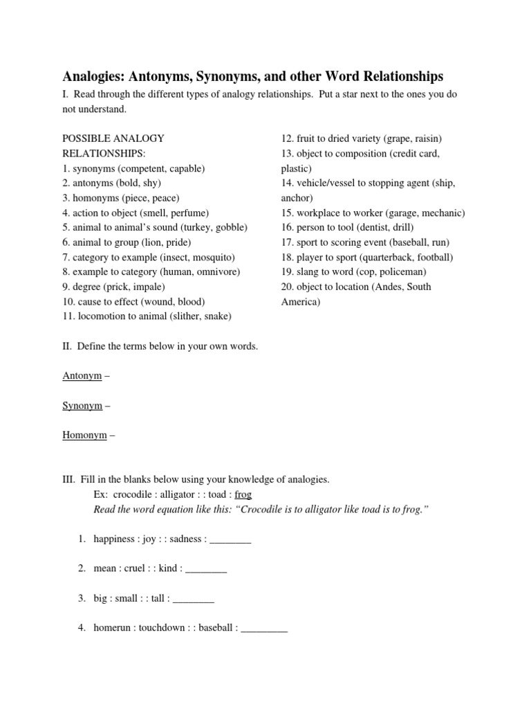 Analogies: Antonyms, Synonyms, and Other Word Relationships | PDF