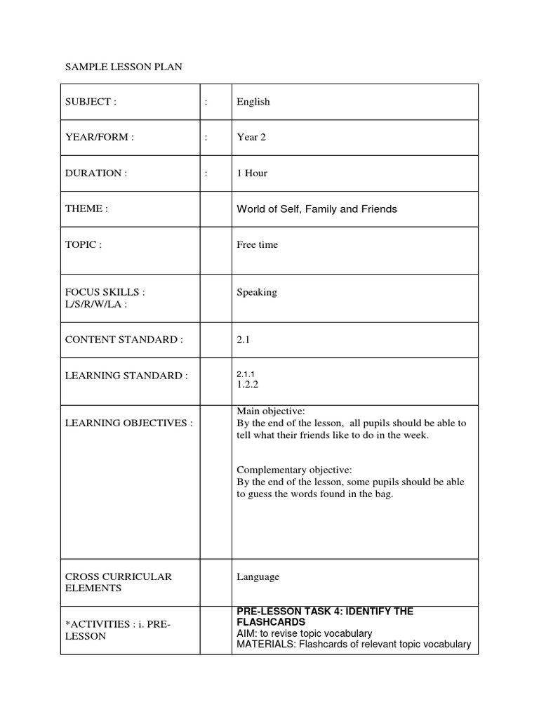 Sample Lesson Plan Y1 | Download Free PDF | Flashcard | Lesson Plan