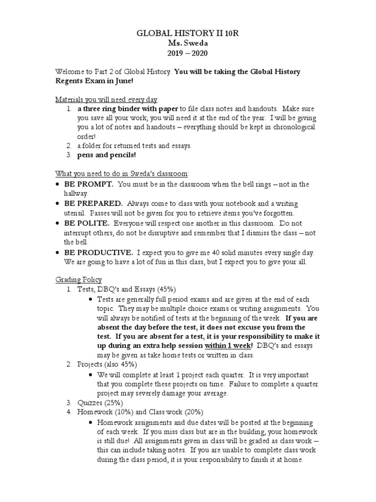 Global Syllabus 1920 | PDF | Homework | Test (Assessment)