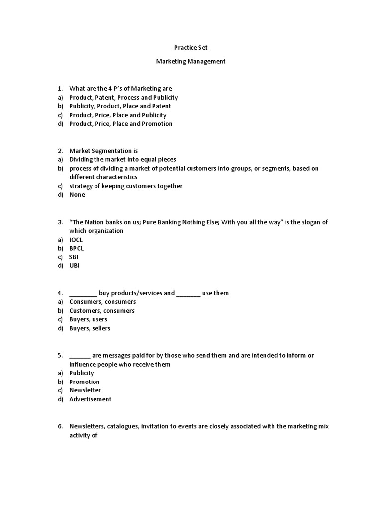 Marketing Management Practice Questions | PDF | Market Segmentation ...