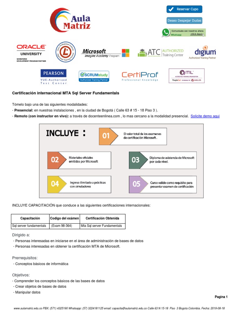 Capacitacion Certificación Internacional MTA SQL Server Fundamentals ... Capacitacion Certificación Internacional MTA SQL Server Fundamentals ...