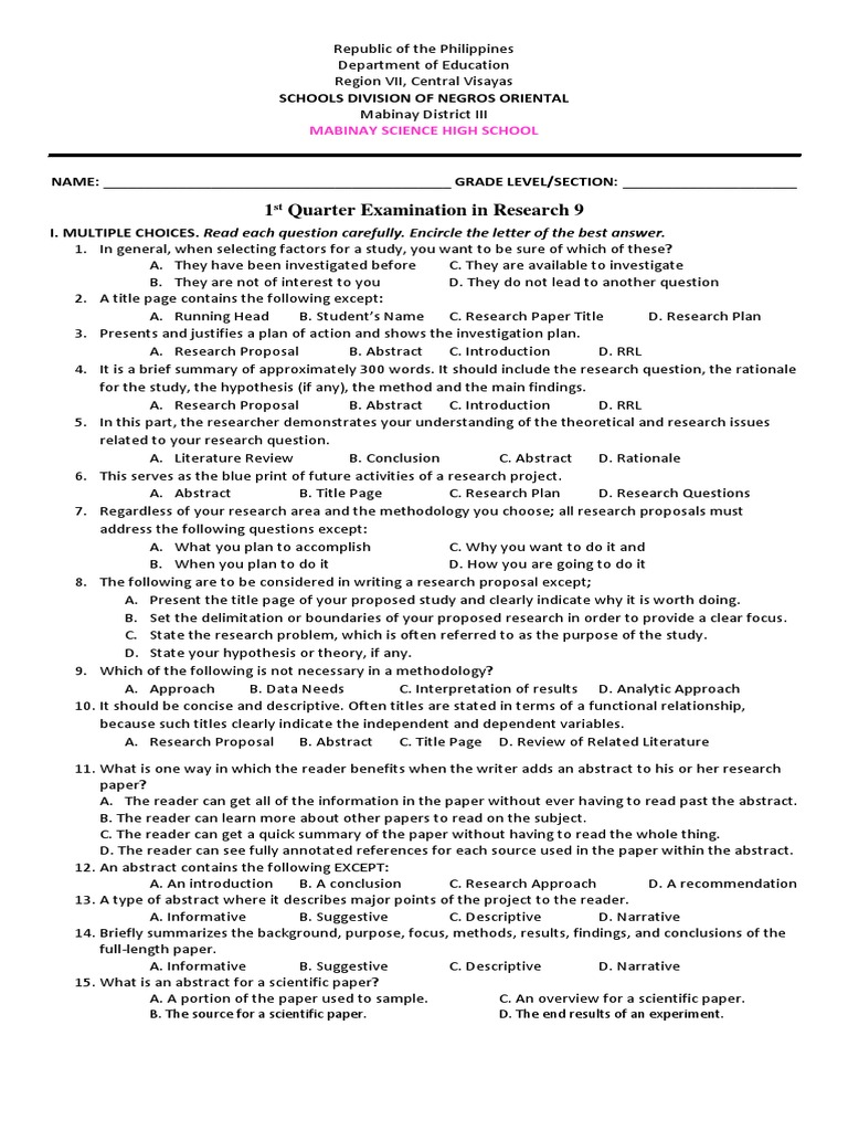 1st Quarter Exam in Research | PDF | Methodology | Psychology