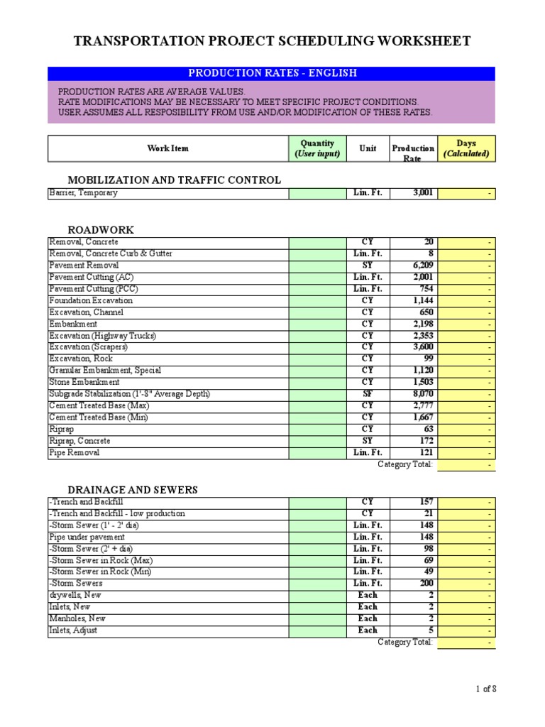 Transportation Project Scheduling Worksheet: Mobilization and Traffic ...