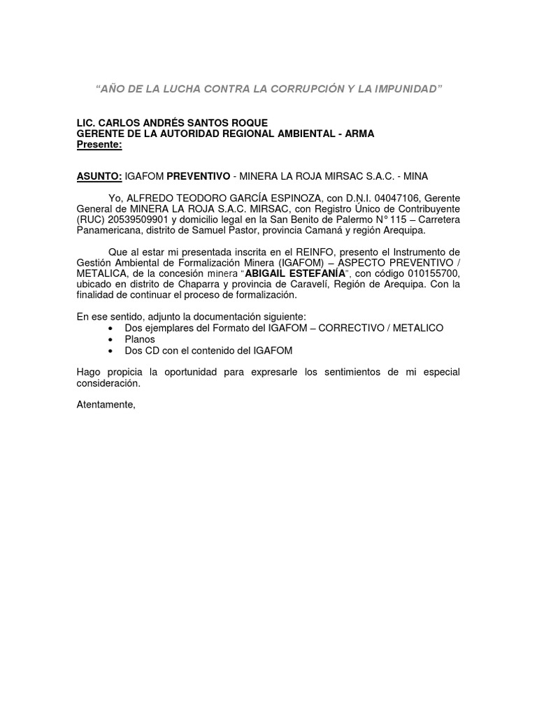 Carta Preventivo Mina Mirsac | PDF