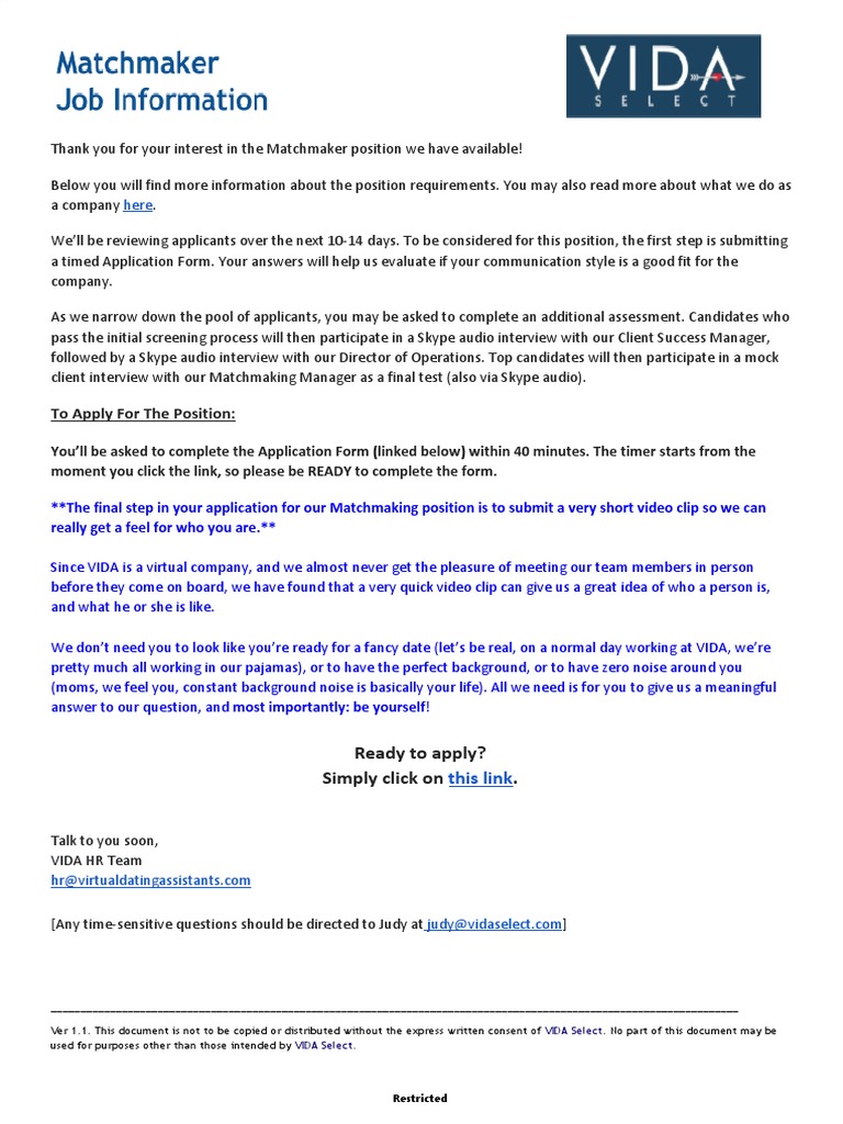 Matchmaker Job Information | PDF | Interview | Sales