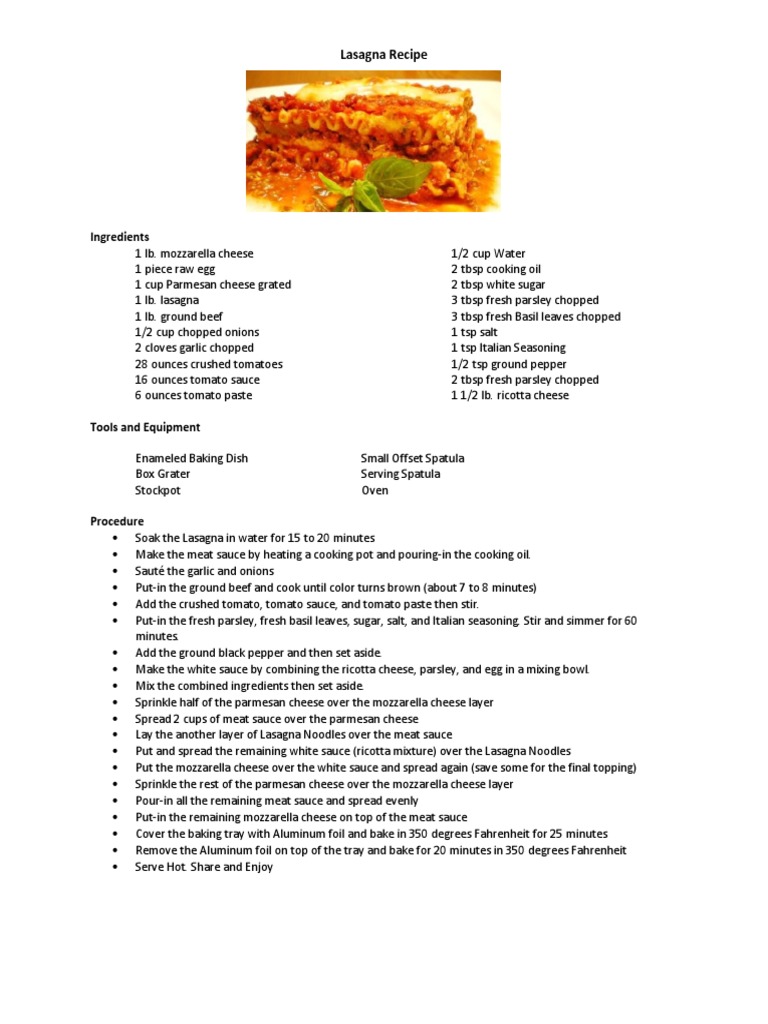 Ingredients: Lasagna Recipe | PDF | Lasagne | Ricotta