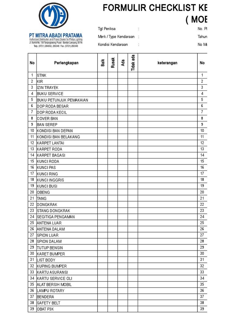 Form Checklist Kendaraan Operasional | PDF