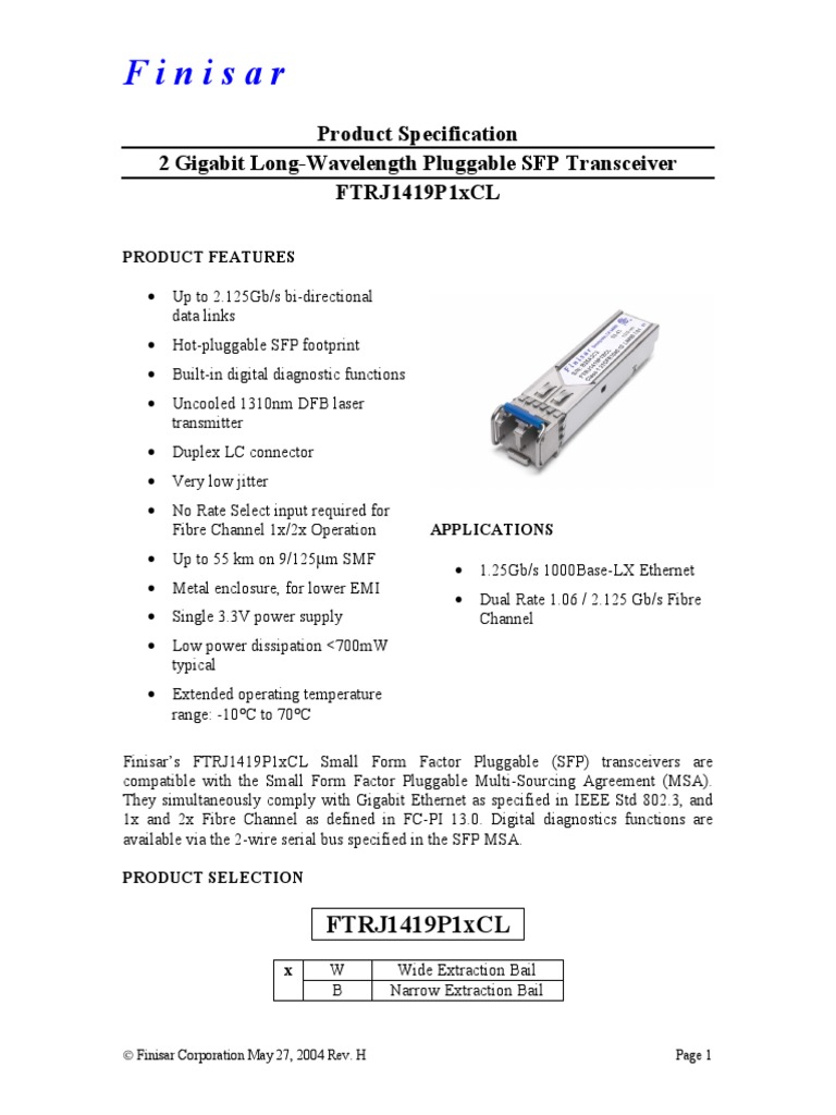Finisar: Product Specification 2 Gigabit Long-Wavelength Pluggable SFP ...