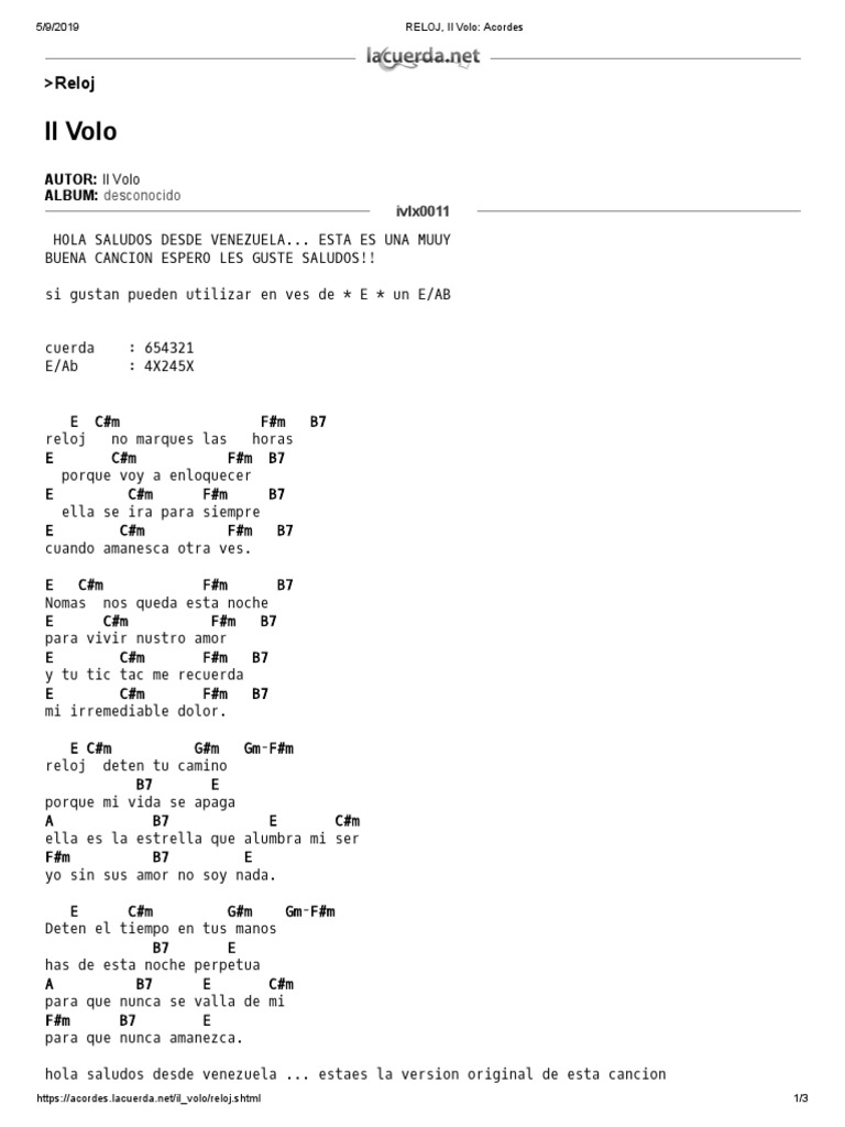 RELOJ, Il Volo - Acordes | Descargar gratis PDF | Música grabada