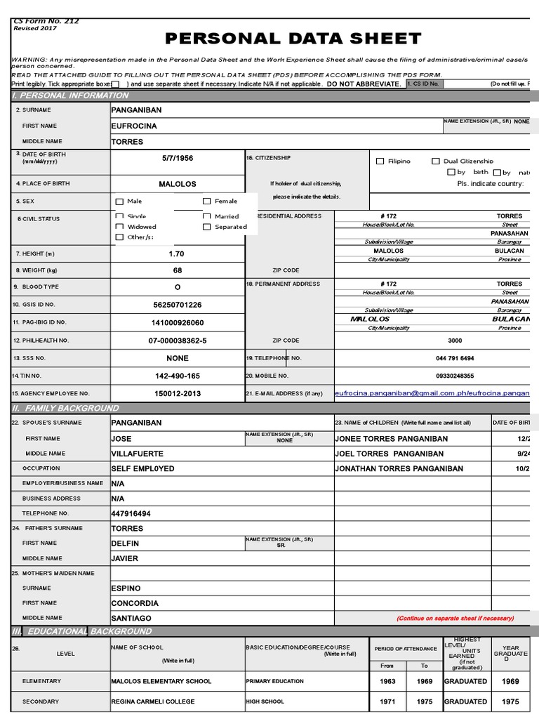 Personal Data Sheet (CS Form 212) | PDF | Crime & Violence | Crime Thriller
