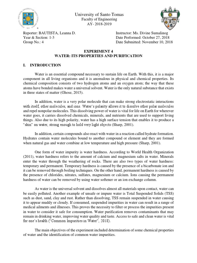 Experiment: Water, Its Purification and Properties | PDF | Purified ...