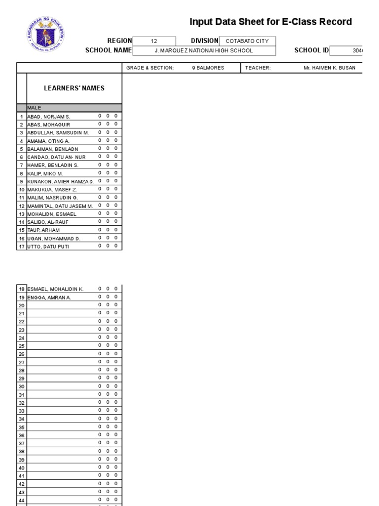 Input Data Sheet For E-Class Record: Region Division School Name School Id | PDF | Deductive ...
