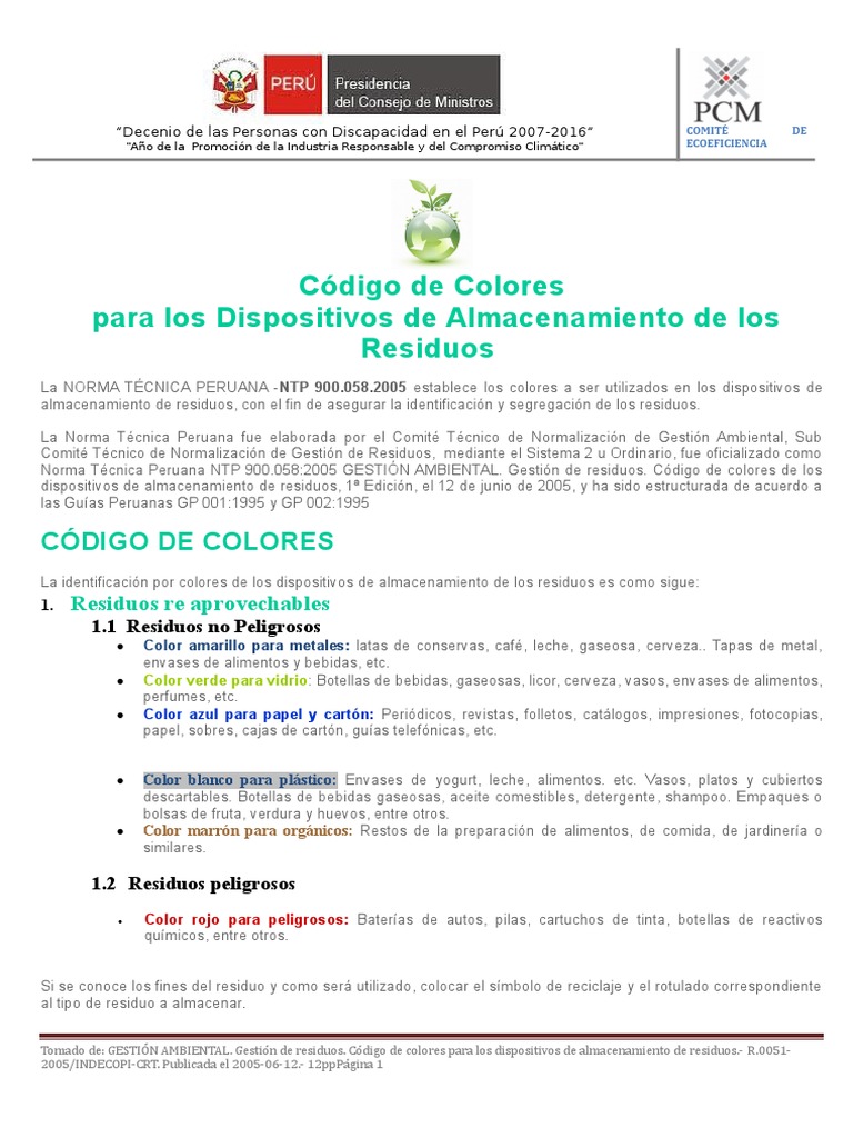 Codigo de Colores Reciclaje | PDF | Reciclaje | Residuos