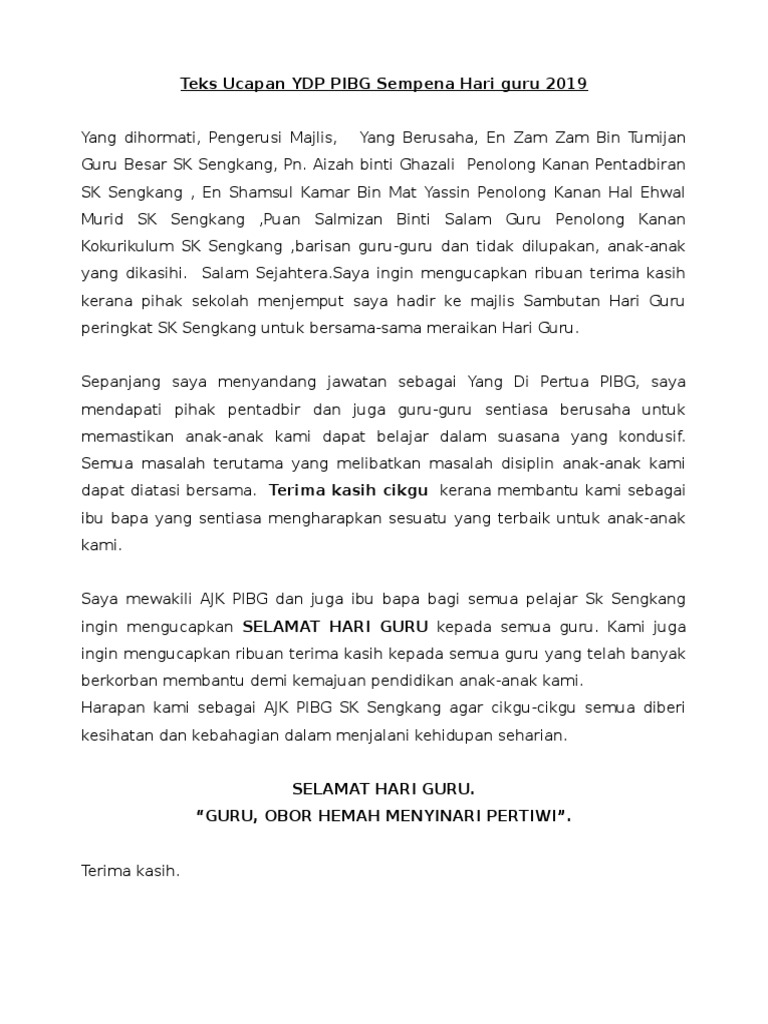 Teks Ucapan YDP Sempena Majlis Sambutan Hari Guru Peringkat Sekolah | PDF