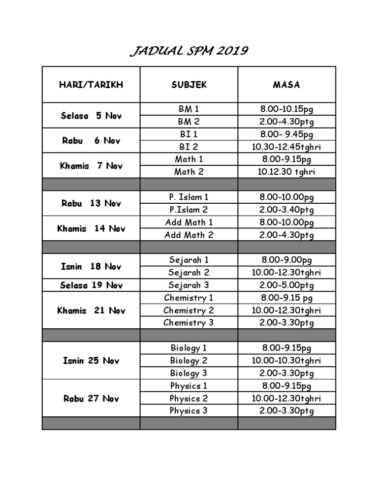 SPM 2019 Exam Timetable | PDF