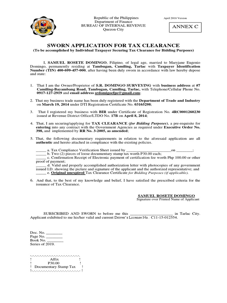 Annex C Sworn Application For Tax Clearance - Engr. Sam | PDF | Taxes | Payments