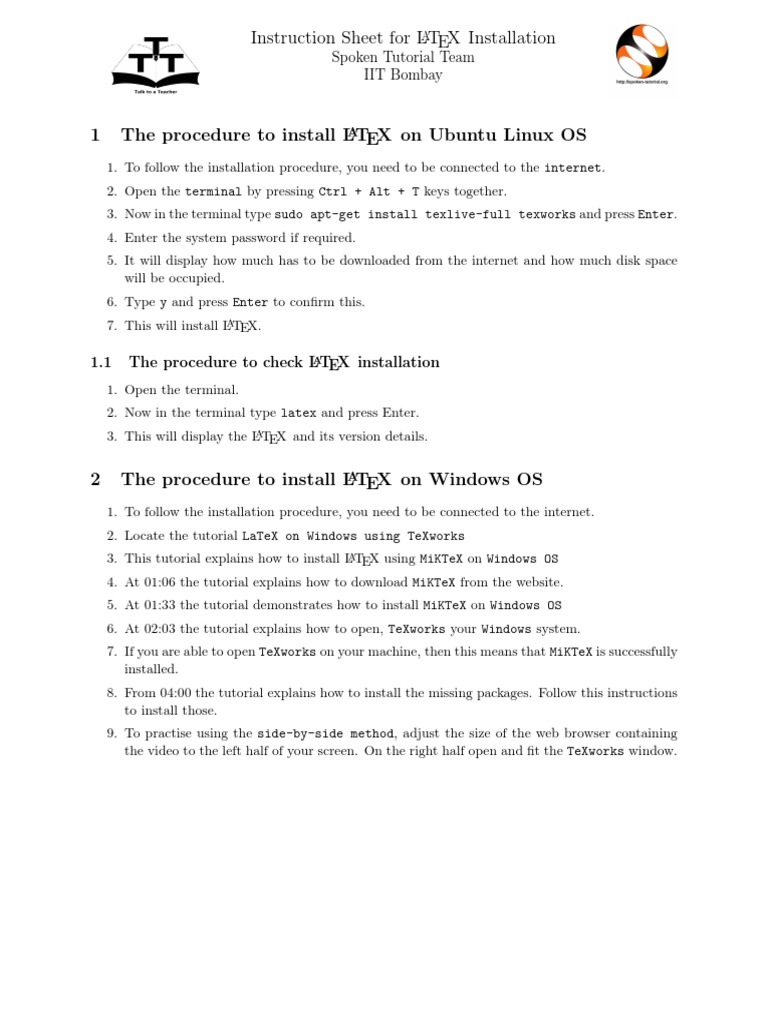 Instruction Sheet For L TEX Installation: Spoken Tutorial Team IIT ...