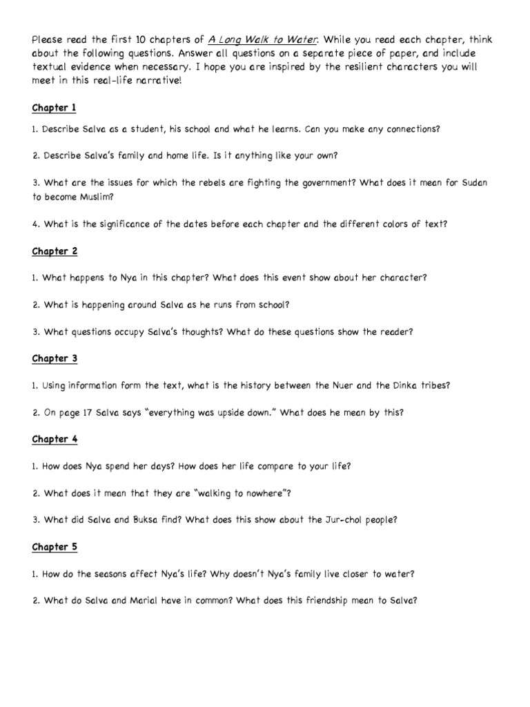 A Long Walk To Water CH 1-10 | PDF | Cognition | Psychological Concepts