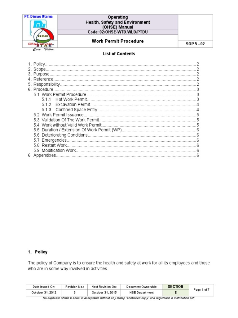 SOP 5 - 02 Work Permit Procedure.doc | Employment | Occupational Safety ...