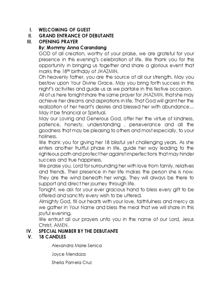 I. Welcoming of Guest Ii. Grand Entrance of Debutante Iii. Opening ...