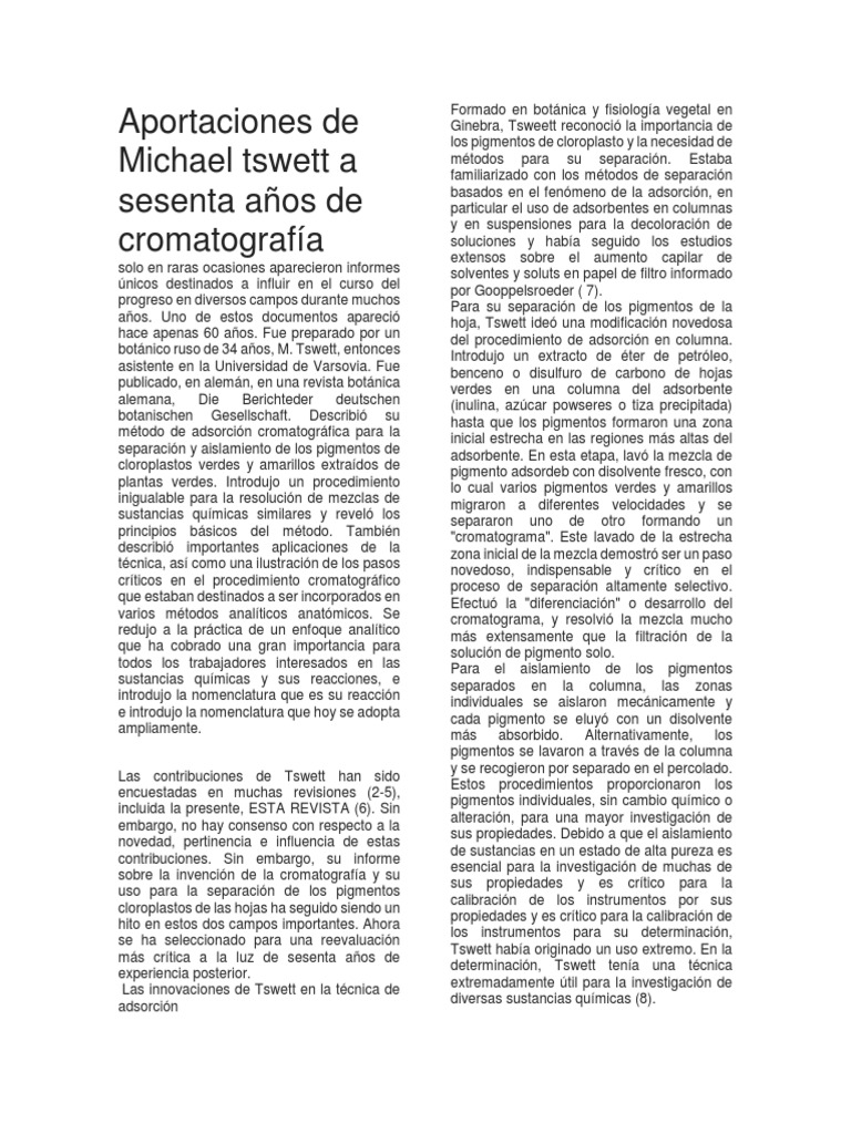 Aportaciones de Michael Tswett A Sesenta Años de Cromatografía | PDF ...