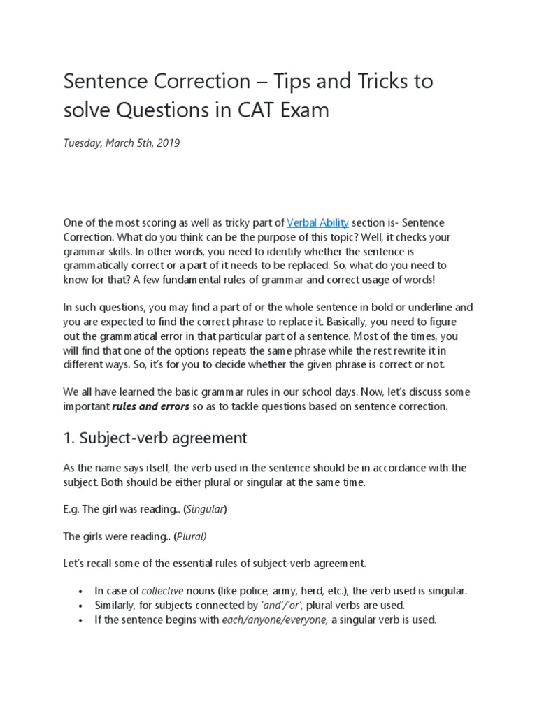 Sentence Correction | PDF | Grammatical Number | Verb