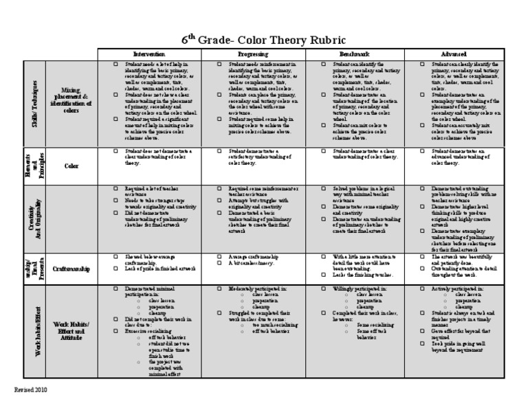 6 Grade-Color Theory Rubric: Intervention Progressing Benchmark ...
