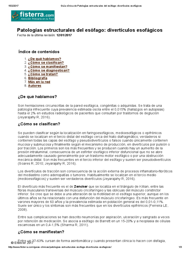 Guía Clínica de Patologías Estructurales Del Esófago - Divertículos ...