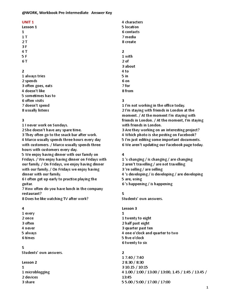 Work Pre-Intermediate Workbook Answer Key | PDF | Business