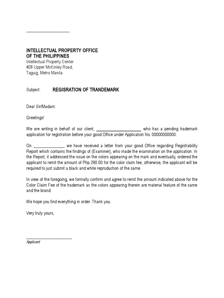 Letter Response to IPOPHIL. Registration of TradeMark