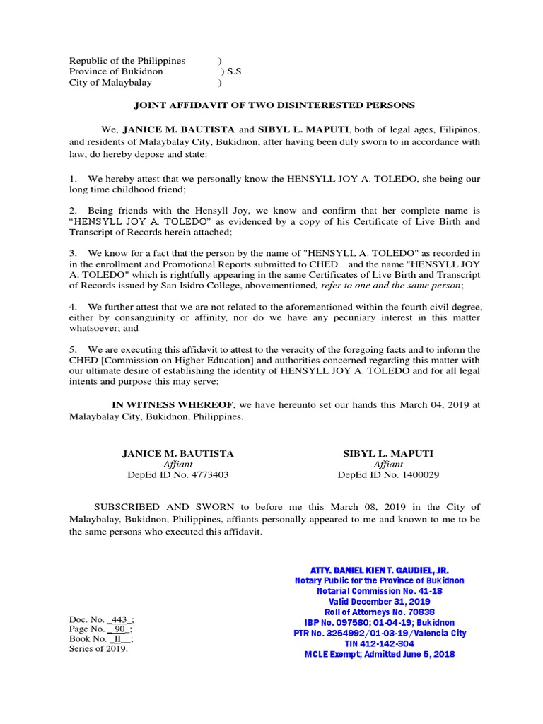 Affidavit of Two Disinterested Persons Sample | PDF | Affidavit | Evidence