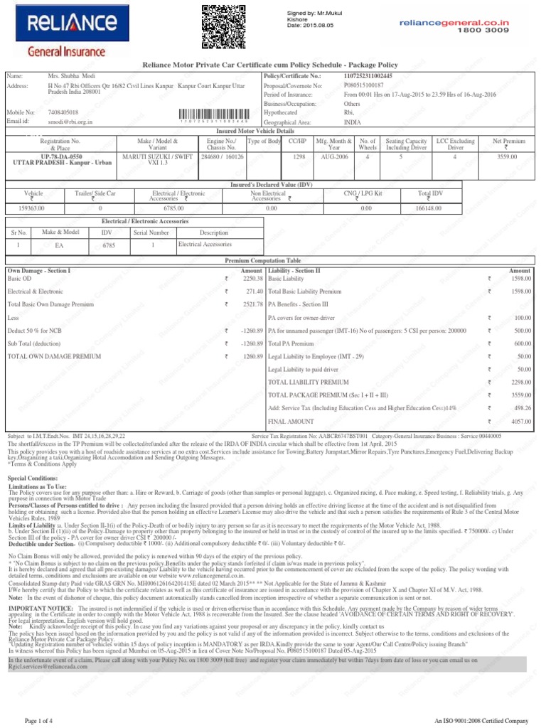 Reliance Car Insurance Policy Details | PDF | Liability Insurance ...