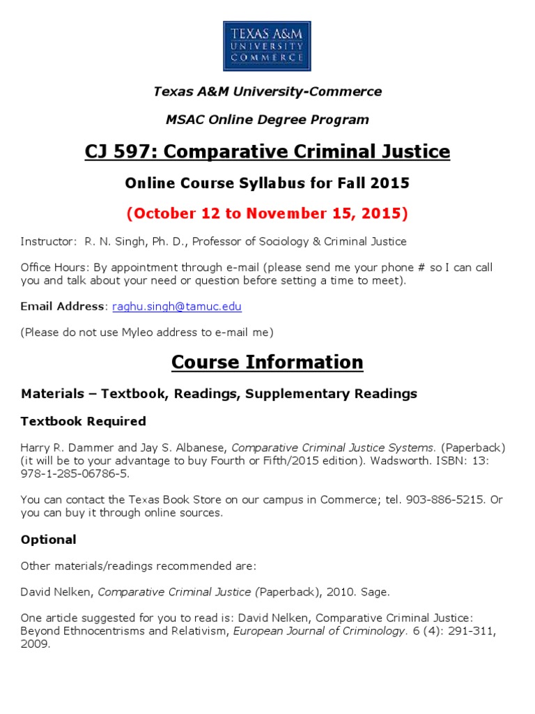 CJ 597: Comparative Criminal Justice: Online Course Syllabus For Fall ...