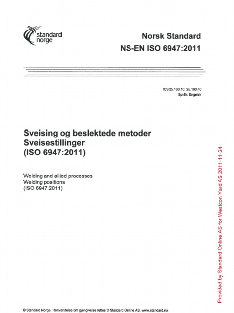 NS-EN-ISO 6947 - 2011 Welding and Allied Processes Welding Positions | PDF