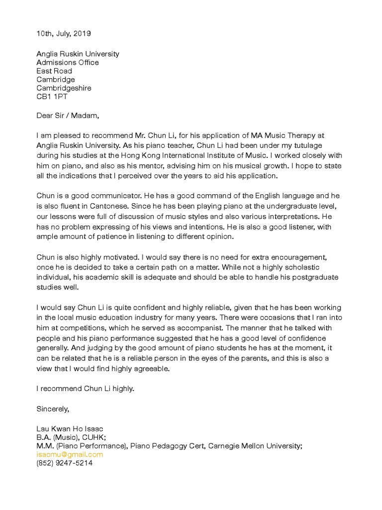 Chun Li - Recommendation Letter | PDF