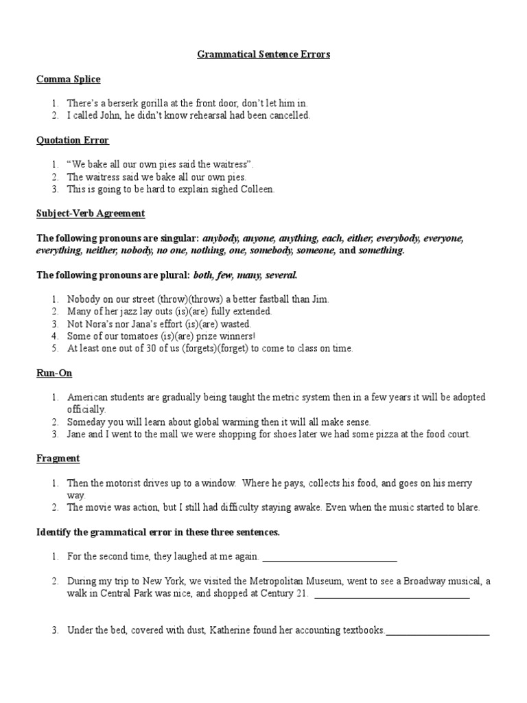 Identifying Sentence Errors - Review Handout | Download Free PDF ...