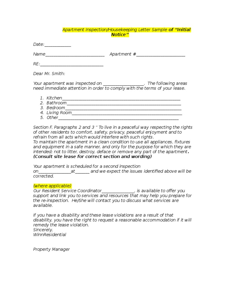 Housekeeping ApartmentInspectionLetter | PDF