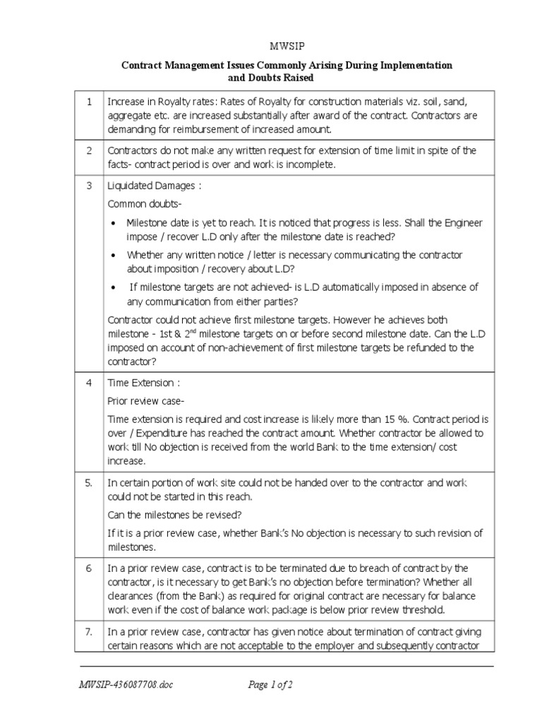 Contract Management Issues Commonly Arising During Implementation and ...