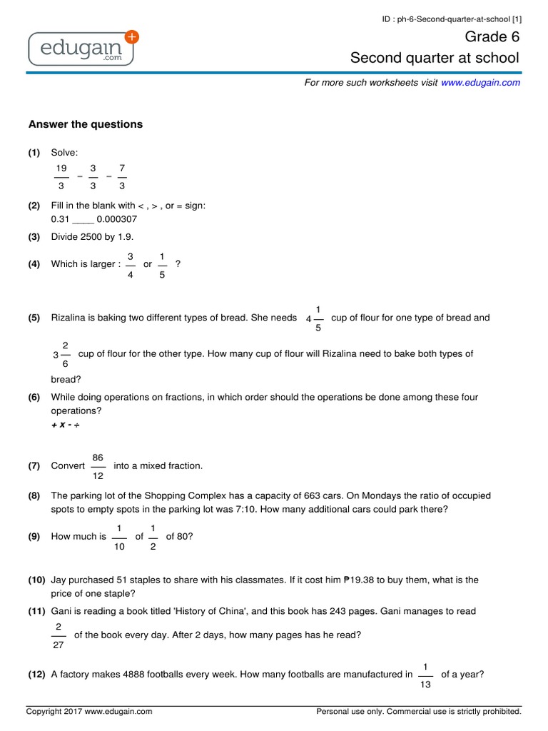 Grade 6 Second Quarter at School PH PDF | PDF | Fraction (Mathematics ...
