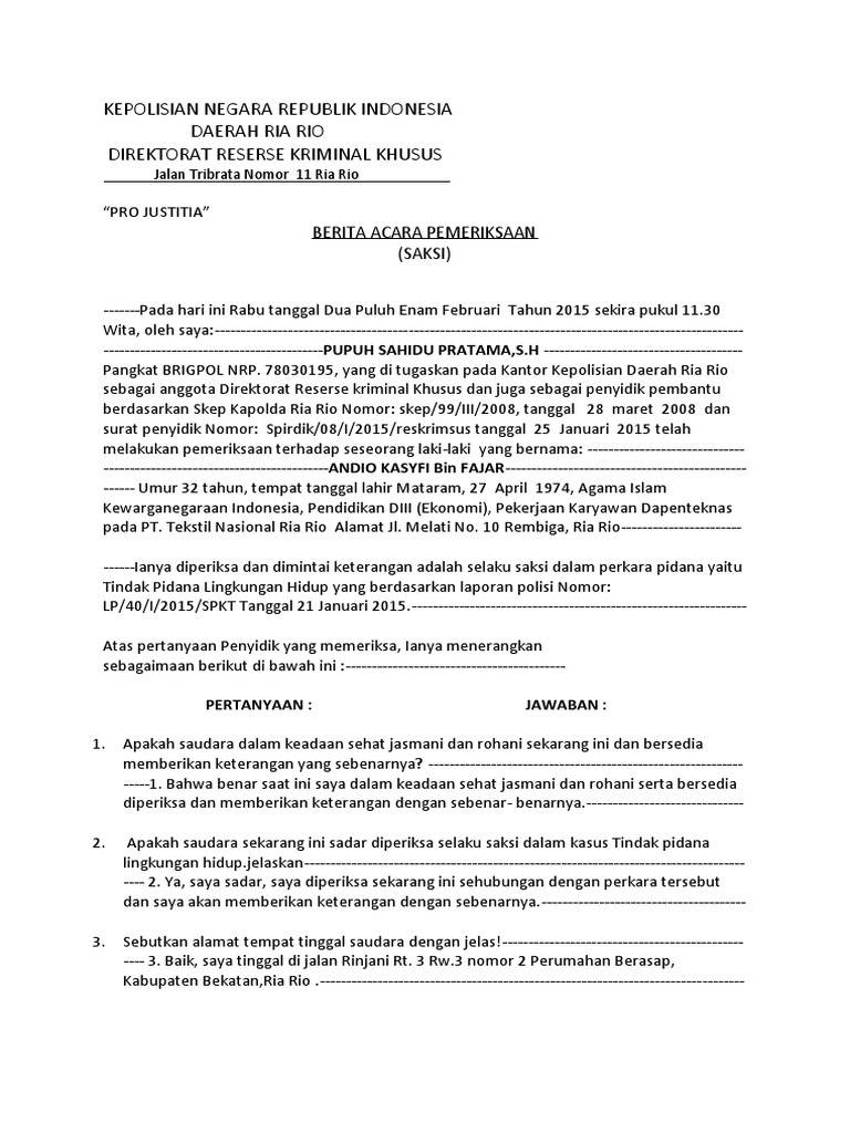 Contoh Pemeriksaan Saksi | PDF