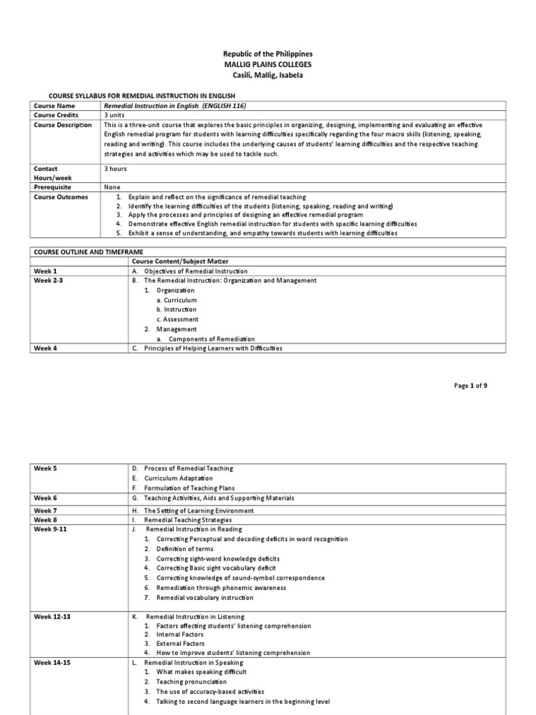 Remedial Instruction Syllabus | PDF | Learning Disability | Educational ...