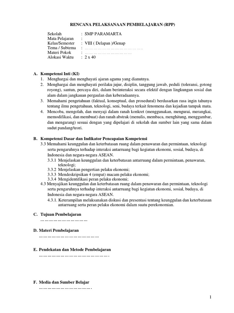 Contoh Kerangka RPP 13 Komponen | PDF